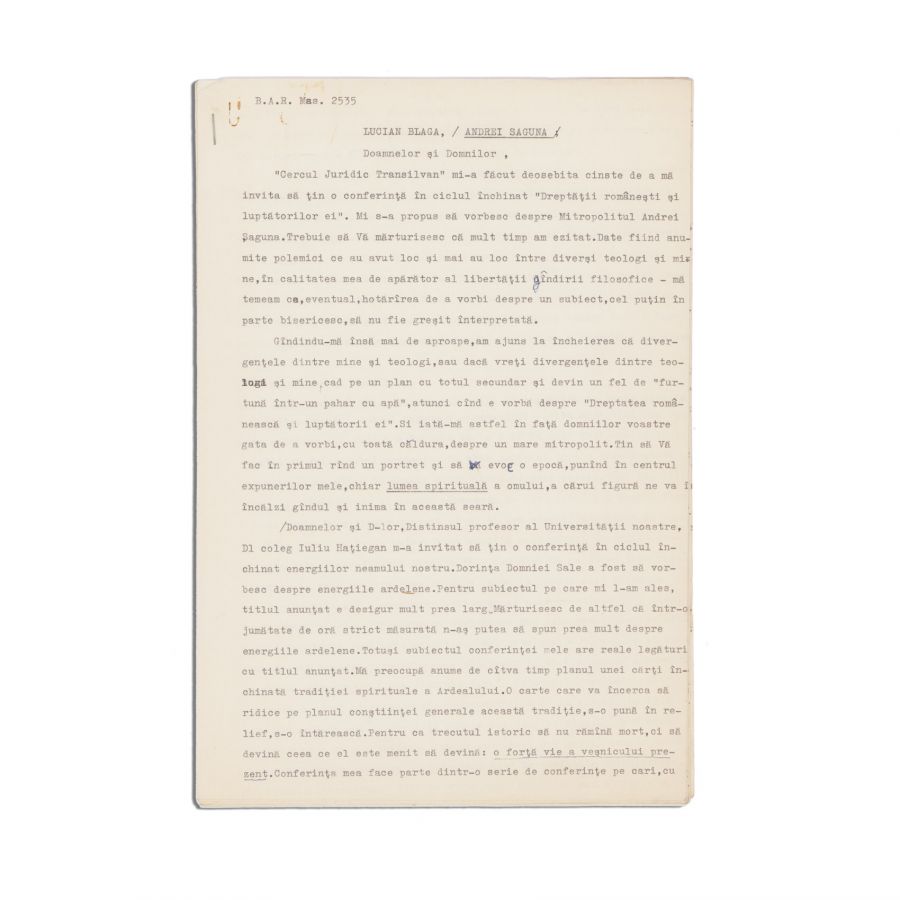 Lucian Blaga, Andrei Șaguna, manuscris + dactilogramă