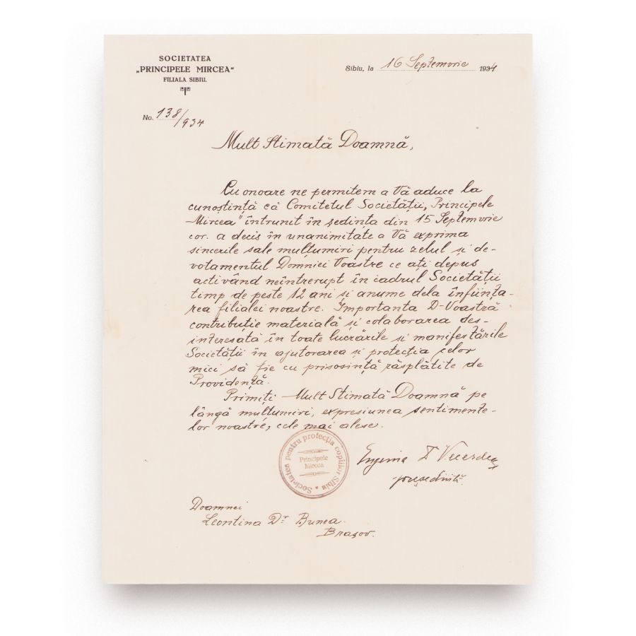 Leontina Dr. Bunea, scrisoare de mulțumire + brevet, 1919-1934